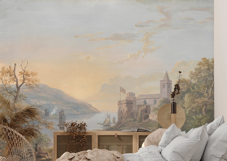 Vintage Castle Wallpaper, Landscape Wall Mural, Scenic Village Home ...