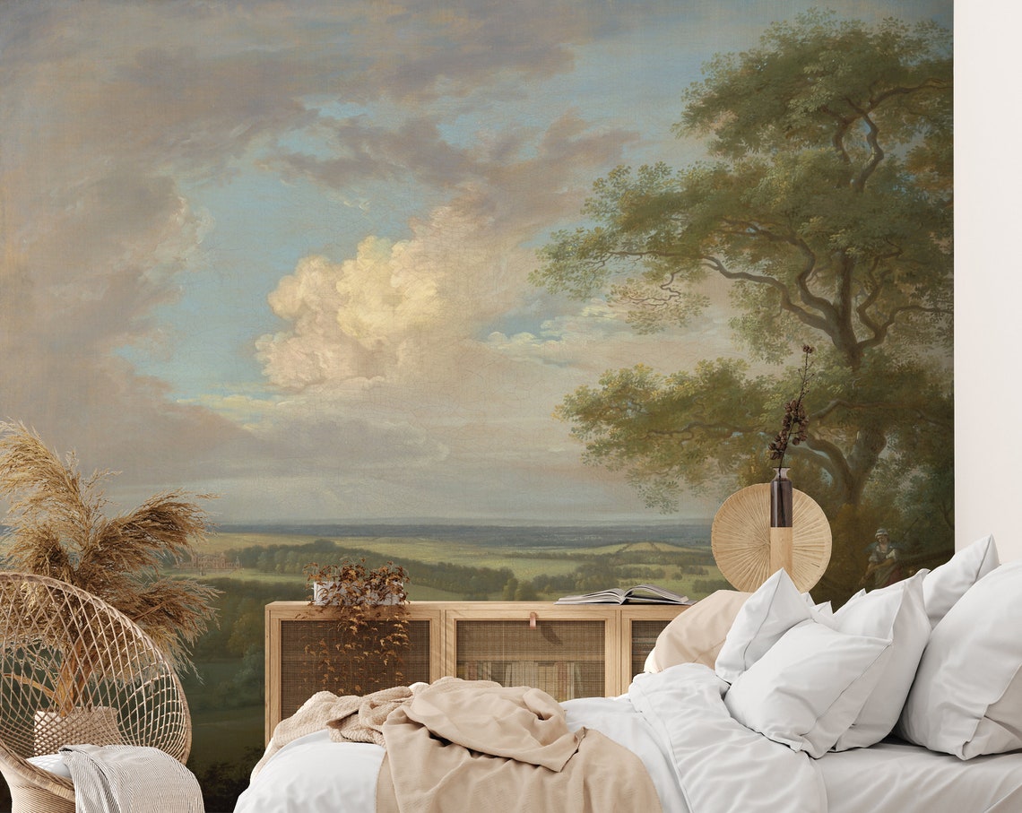 Vintage Tree Wallpaper, Landscape Wall Mural, Scenic Village Home Decor ...