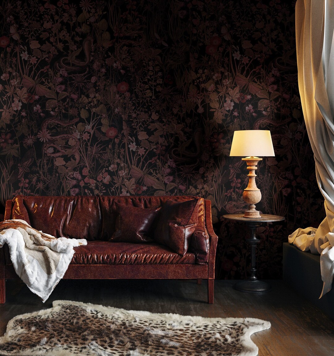 Dark Burgundy Botanical Wallpaper, Dark Floral Art, Vintage Wall Mural ...