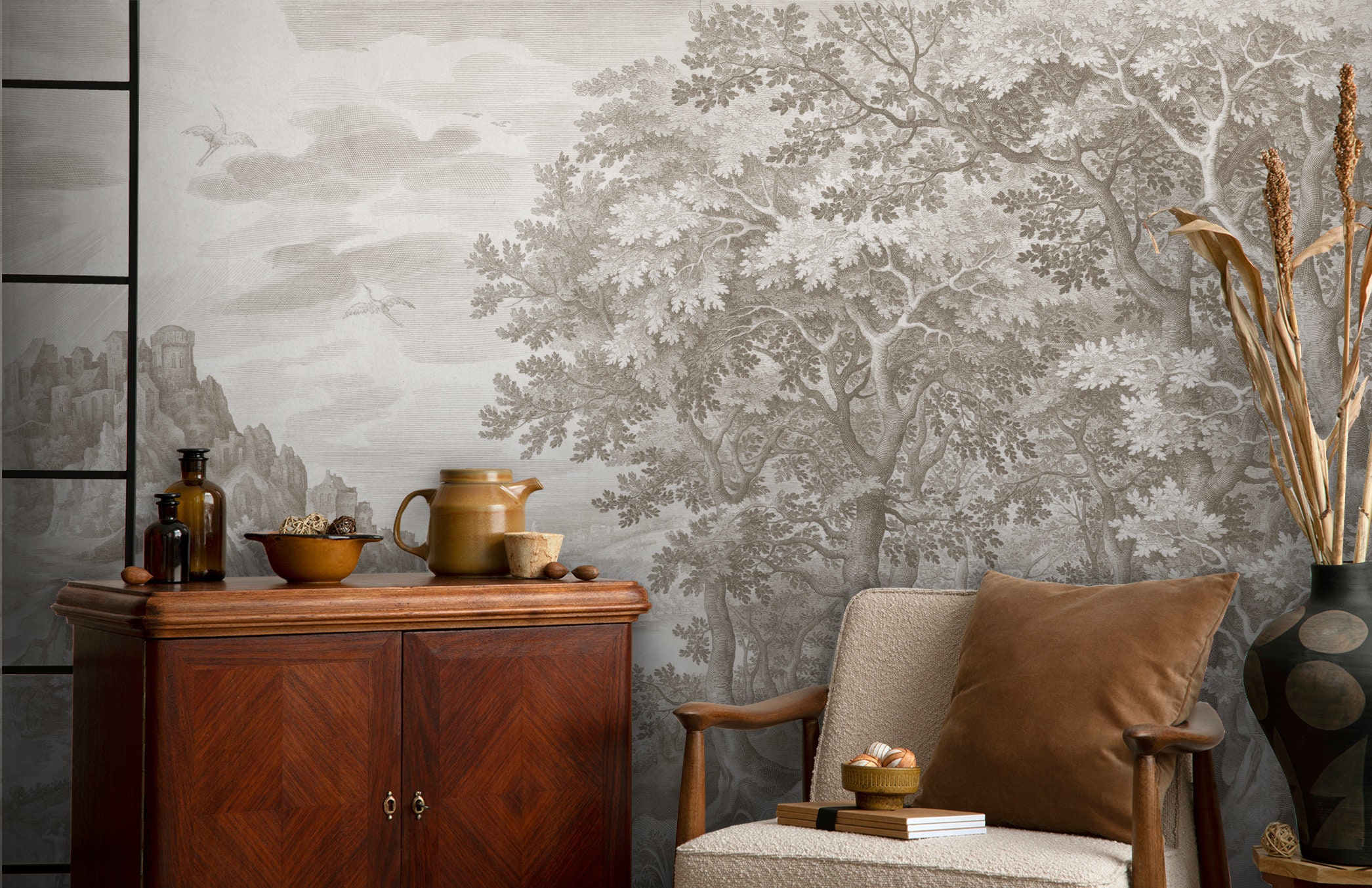 Beige Scenic Landscape Wallpaper, Tree Wall Mural, Baroque Wall Art ...