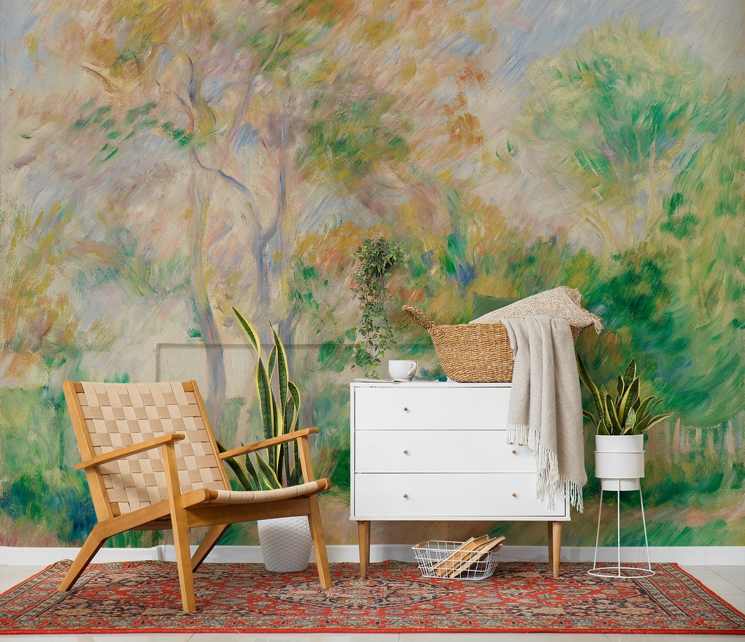 Scenic Tree Wallpaper, Green Landscape Wall Mural, Vintage Home Decor ...