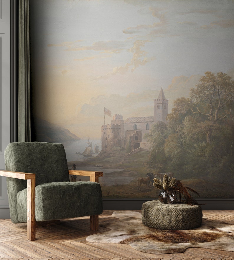 Vintage Castle Wallpaper, Landscape Wall Mural, Scenic Village Home ...