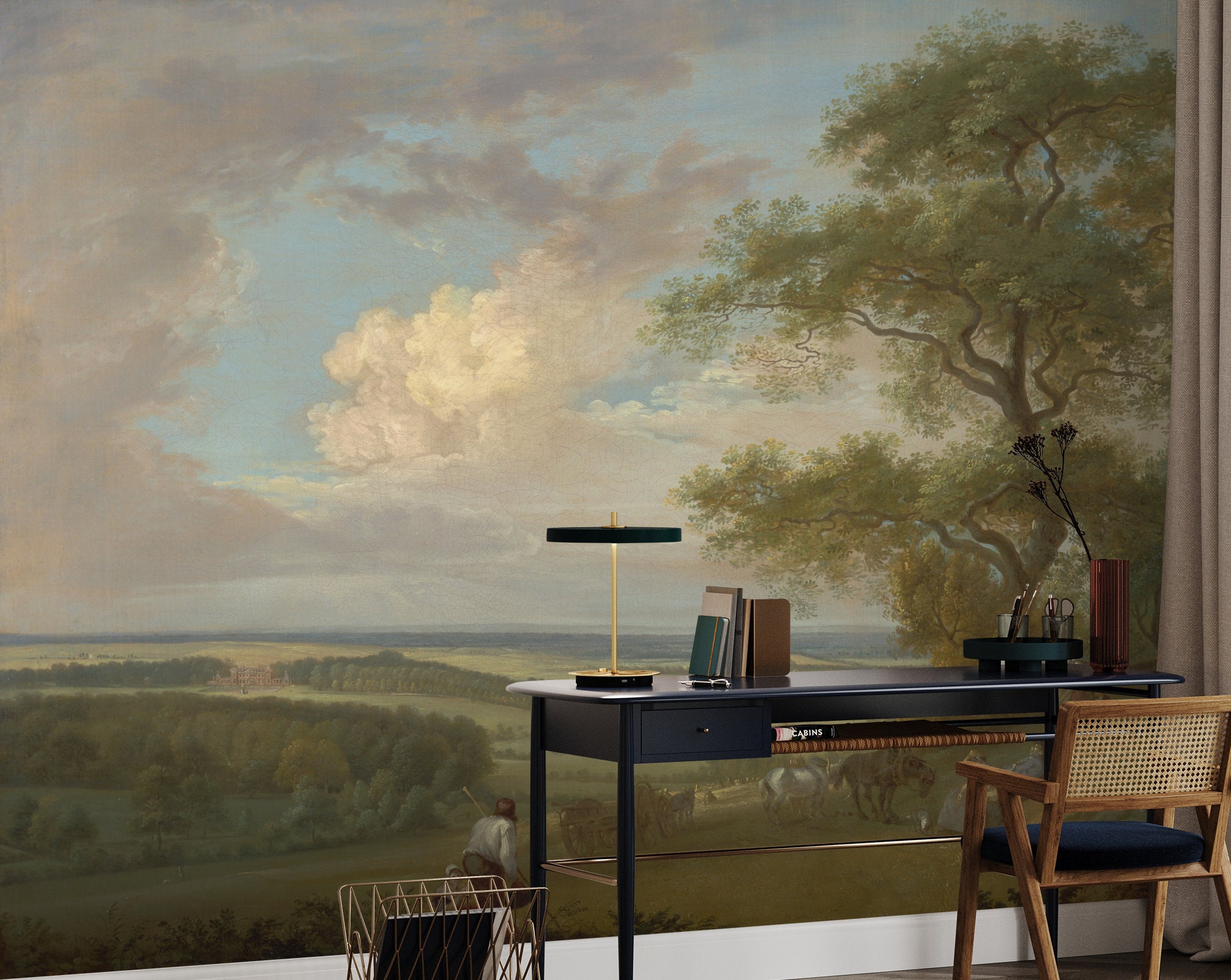 Vintage Tree Wallpaper, Landscape Wall Mural, Scenic Village Home Decor ...