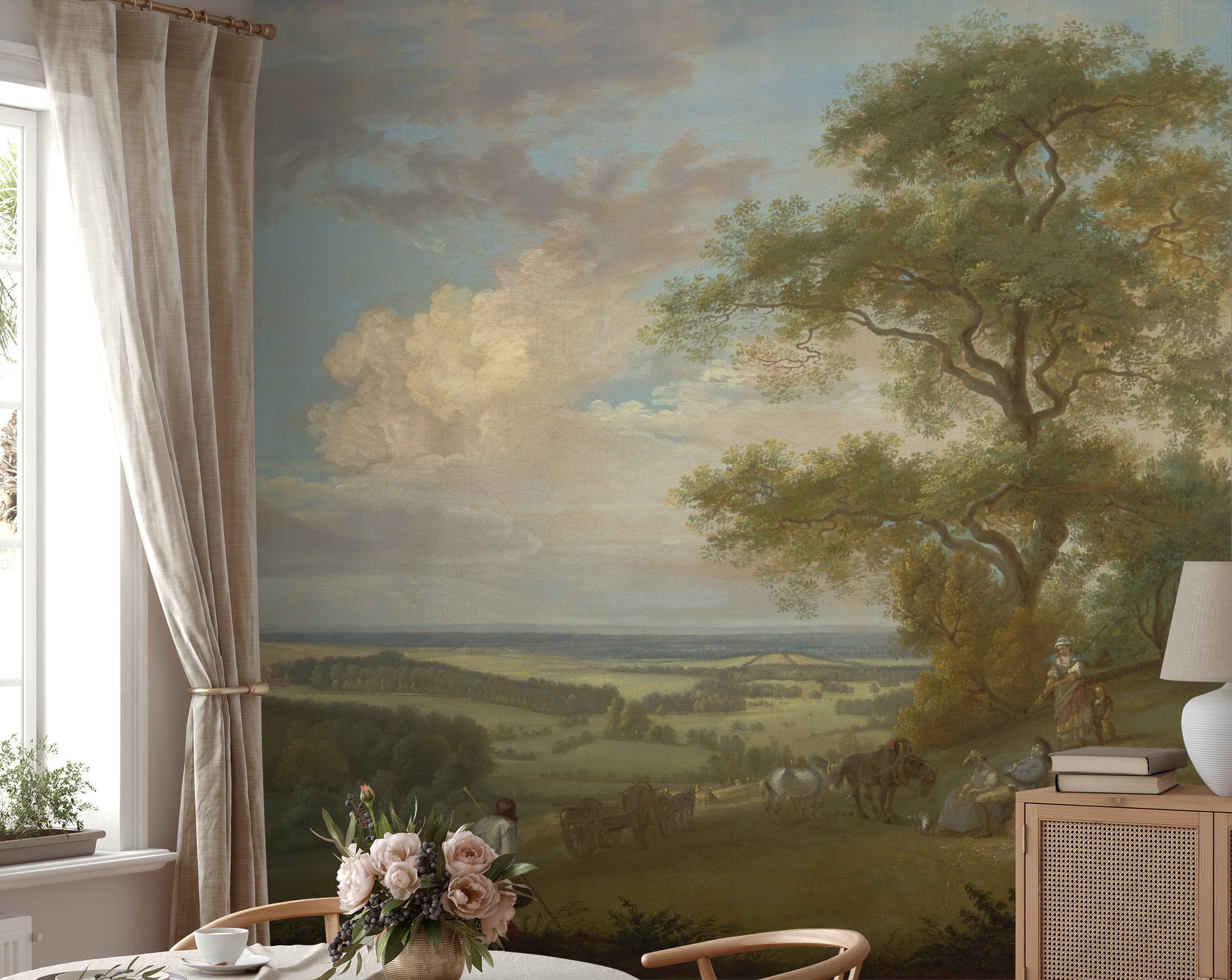 Vintage Tree Wallpaper, Landscape Wall Mural, Scenic Village Home Decor ...