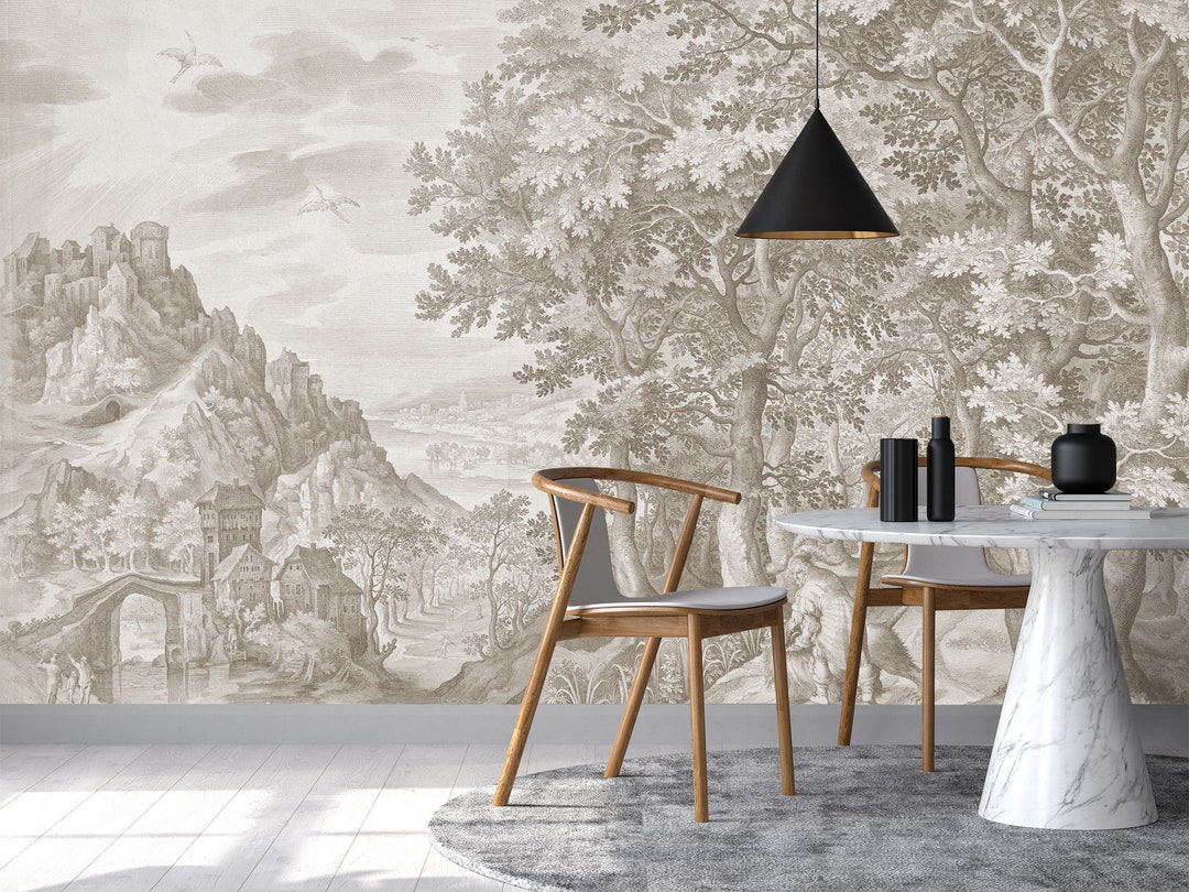 Beige Scenic Landscape Wallpaper, Tree Wall Mural, Baroque Wall Art ...