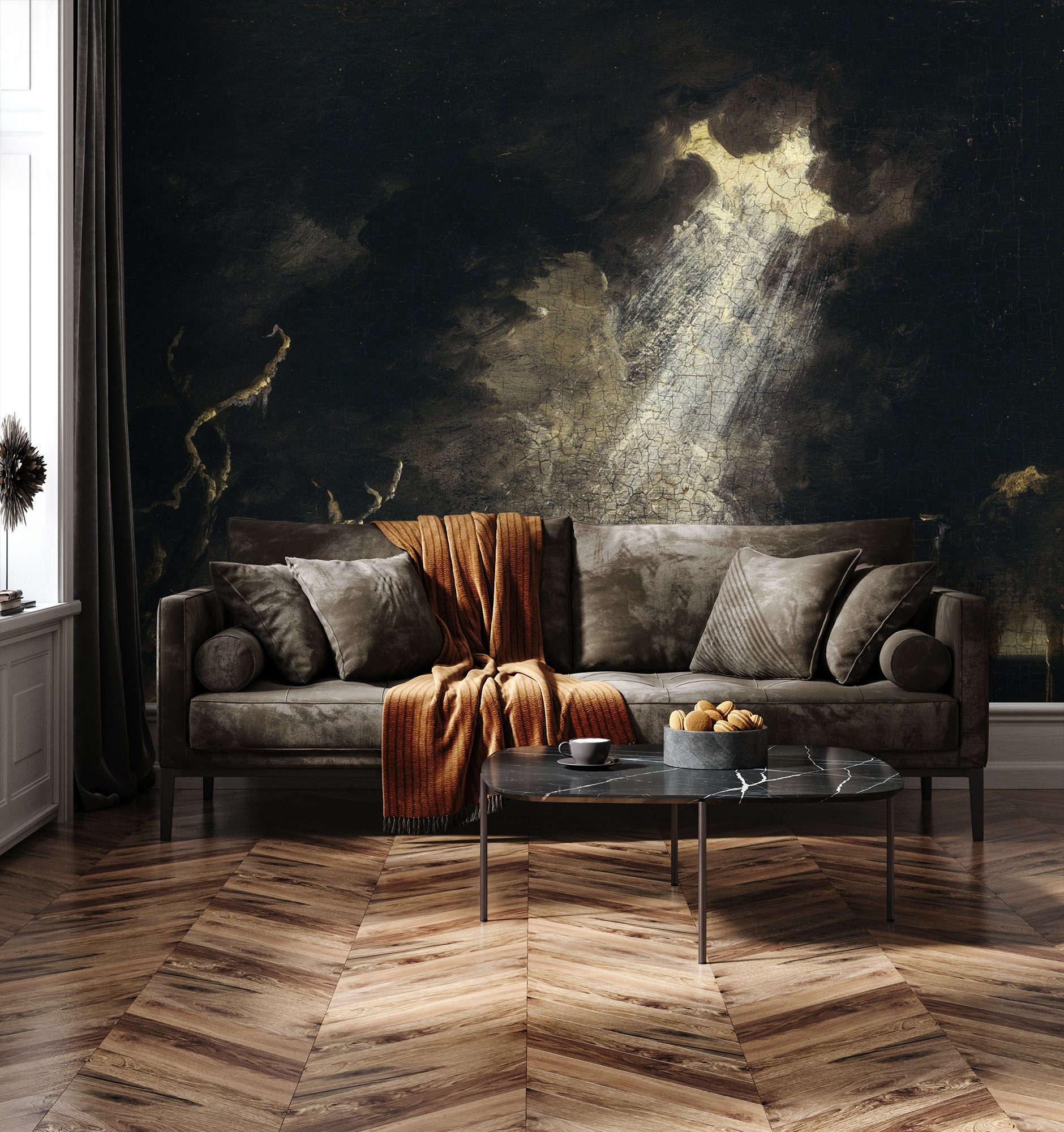 Dark Vintage Landscape Wallpaper, Clouds Wall Mural, Victorian Wall Art, Home Decor, Peel and ...