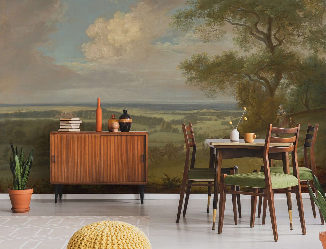 Vintage Tree Wallpaper, Landscape Wall Mural, Scenic Village Home Decor ...