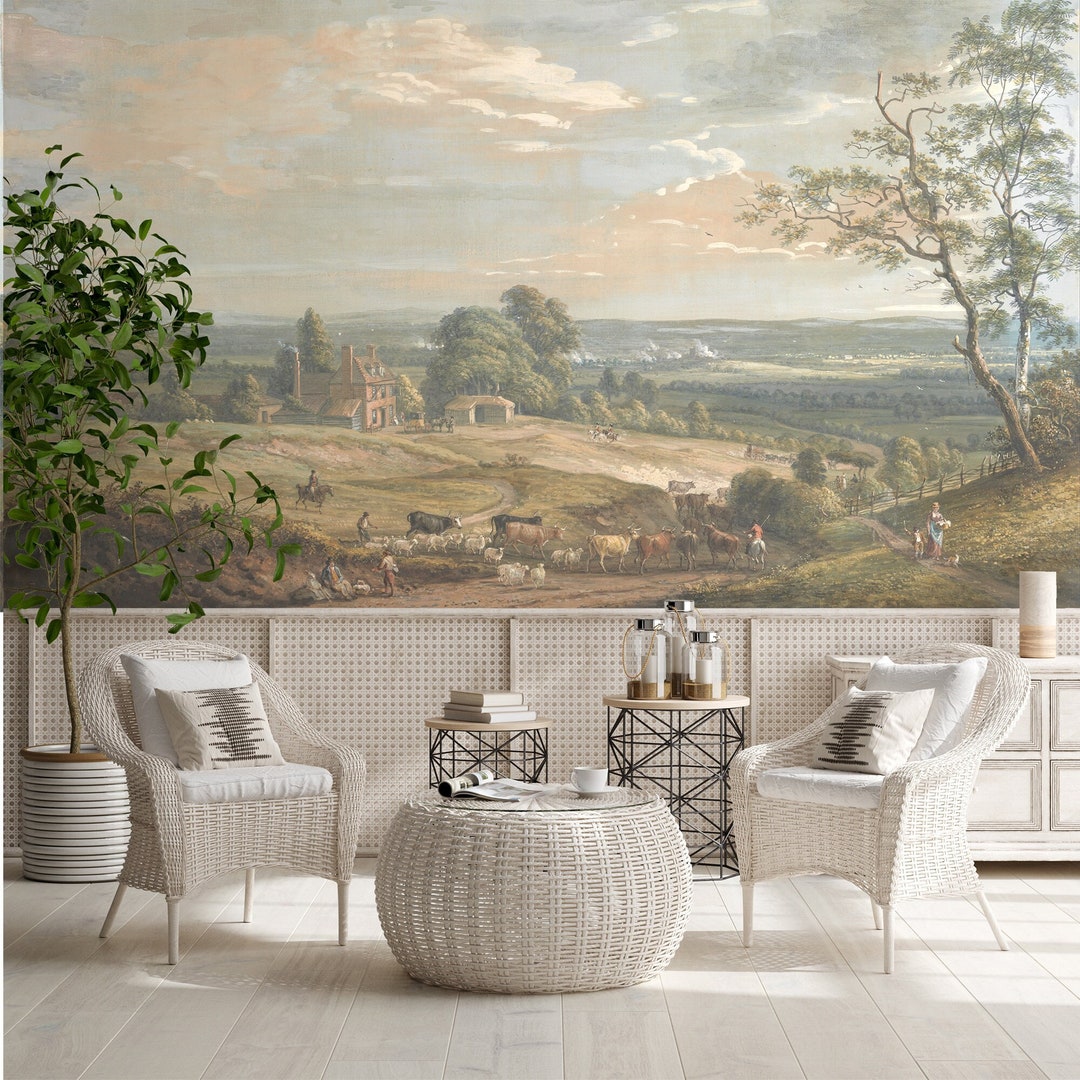 Scenic Village Landscape Wallpaper, Vintage Wall Mural, Home Decor ...