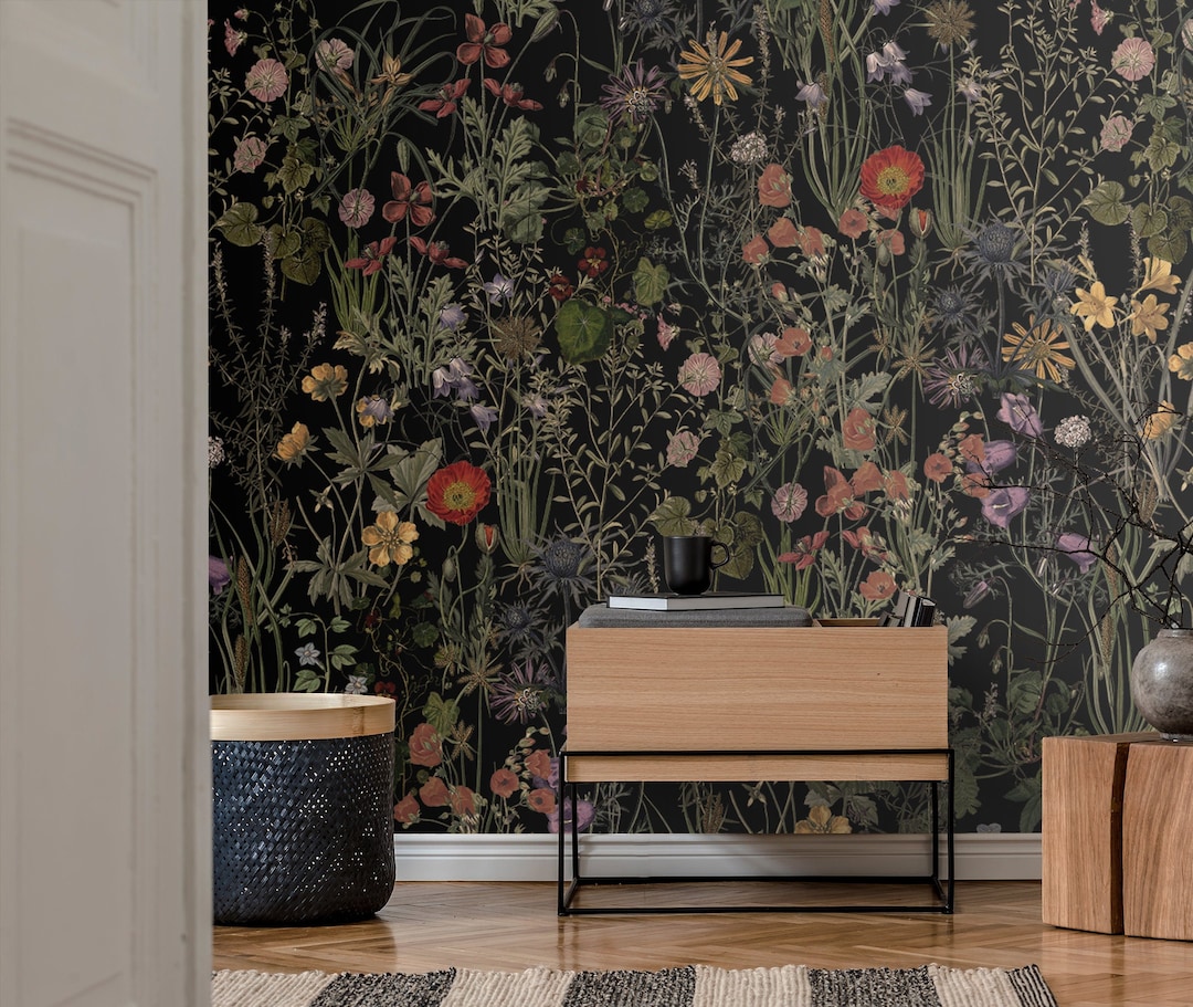 Wild Flowers and Leaves Wallpaper, Dark Botanical Wall Mural, Floral ...