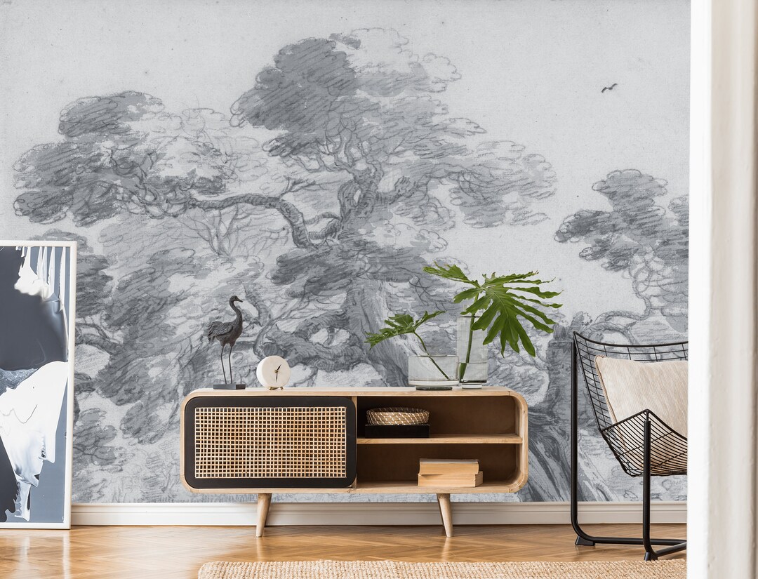 Vintage Tree Landscape Wallpaper, Ancient Gray Wall Mural, Home Decor ...