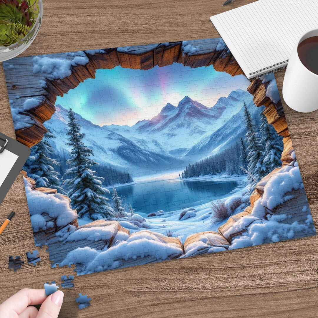 Winter Wonderland Mountain Lake View Jigsaw Puzzle Northern Lights Over ...