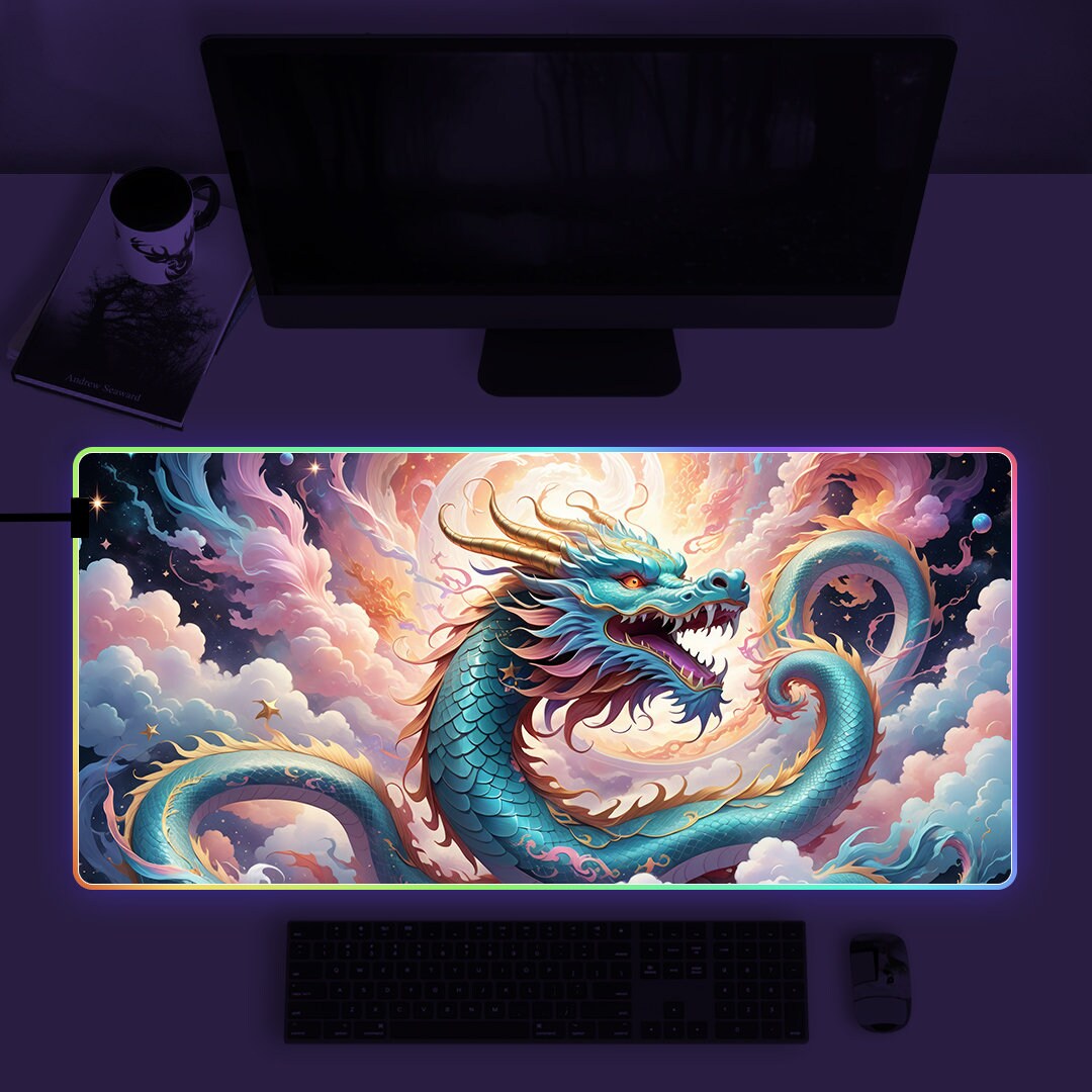 Dreamy Pastel Dragon Desk Mat, RGB Gaming Mouse Pad, Dragon Themed ...