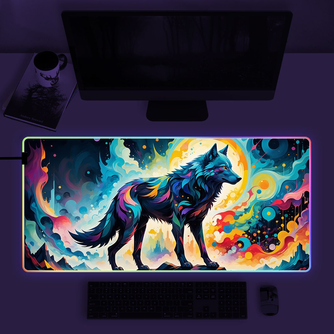 Colorful Wolf Design Desk Mat, RGB Gaming Mouse Pad, Animal Painting ...