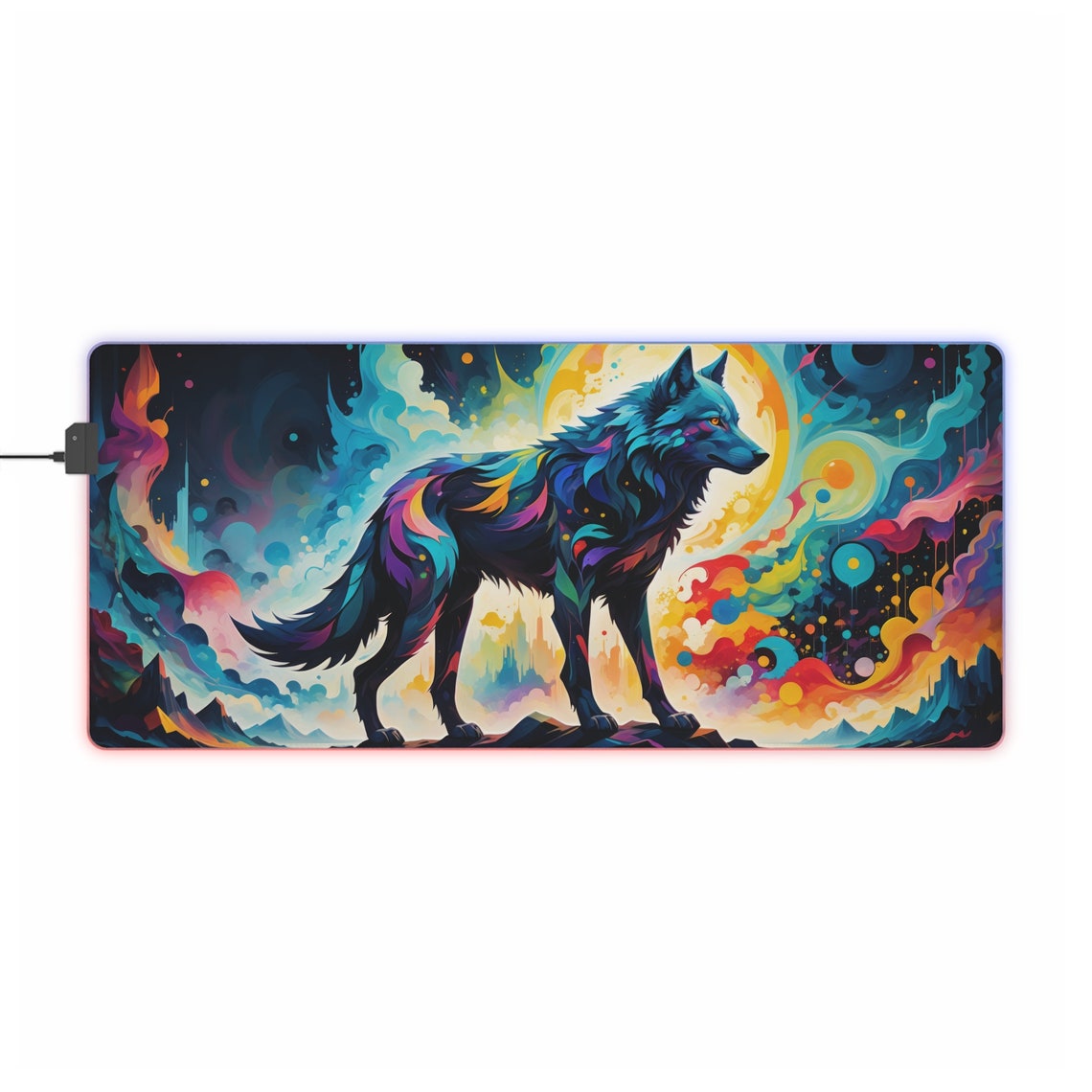 Colorful Wolf Design Desk Mat, RGB Gaming Mouse Pad, Animal Painting ...