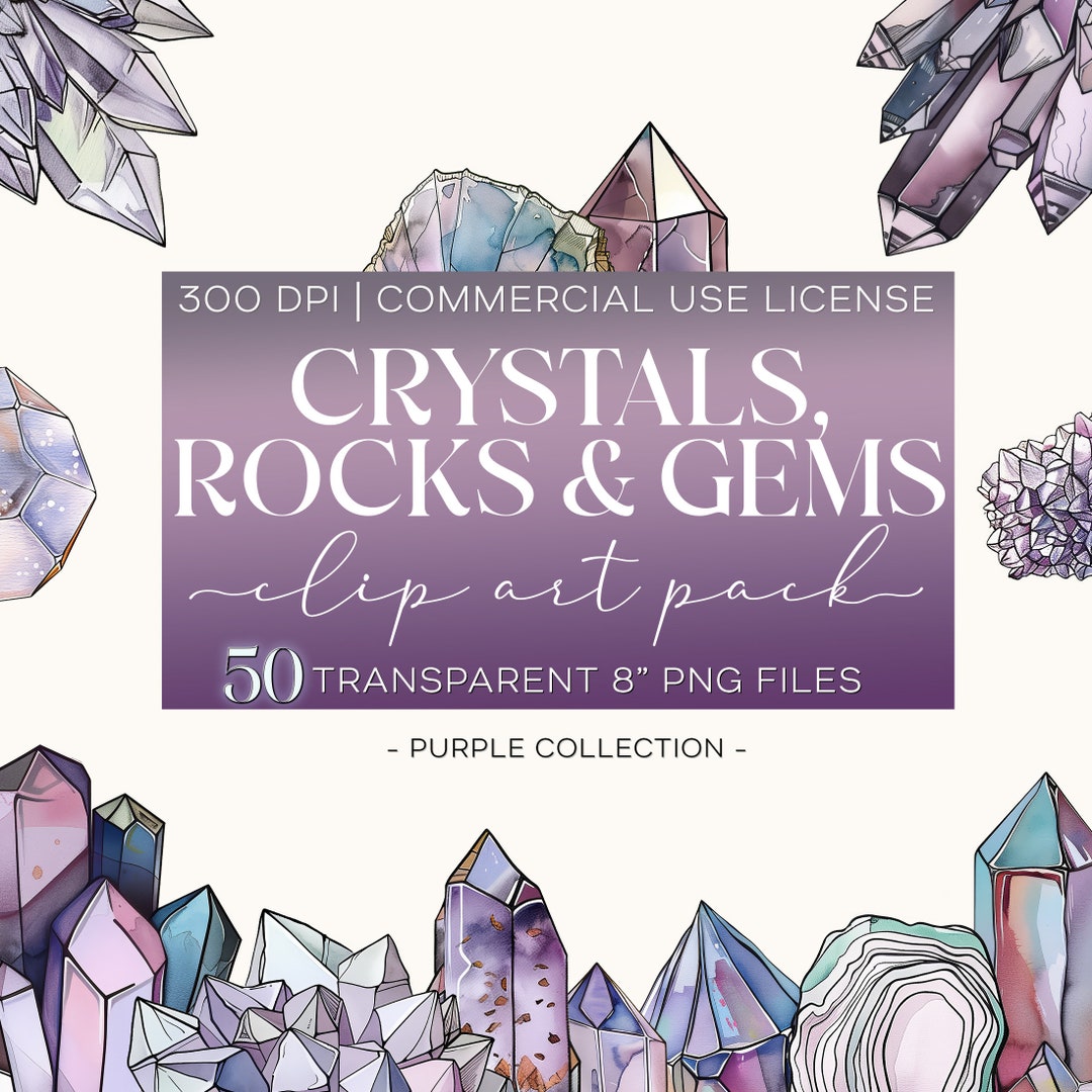50 Purple Crystal Rock & Gemstone Clipart Bundle of PNG Files, Mystical ...
