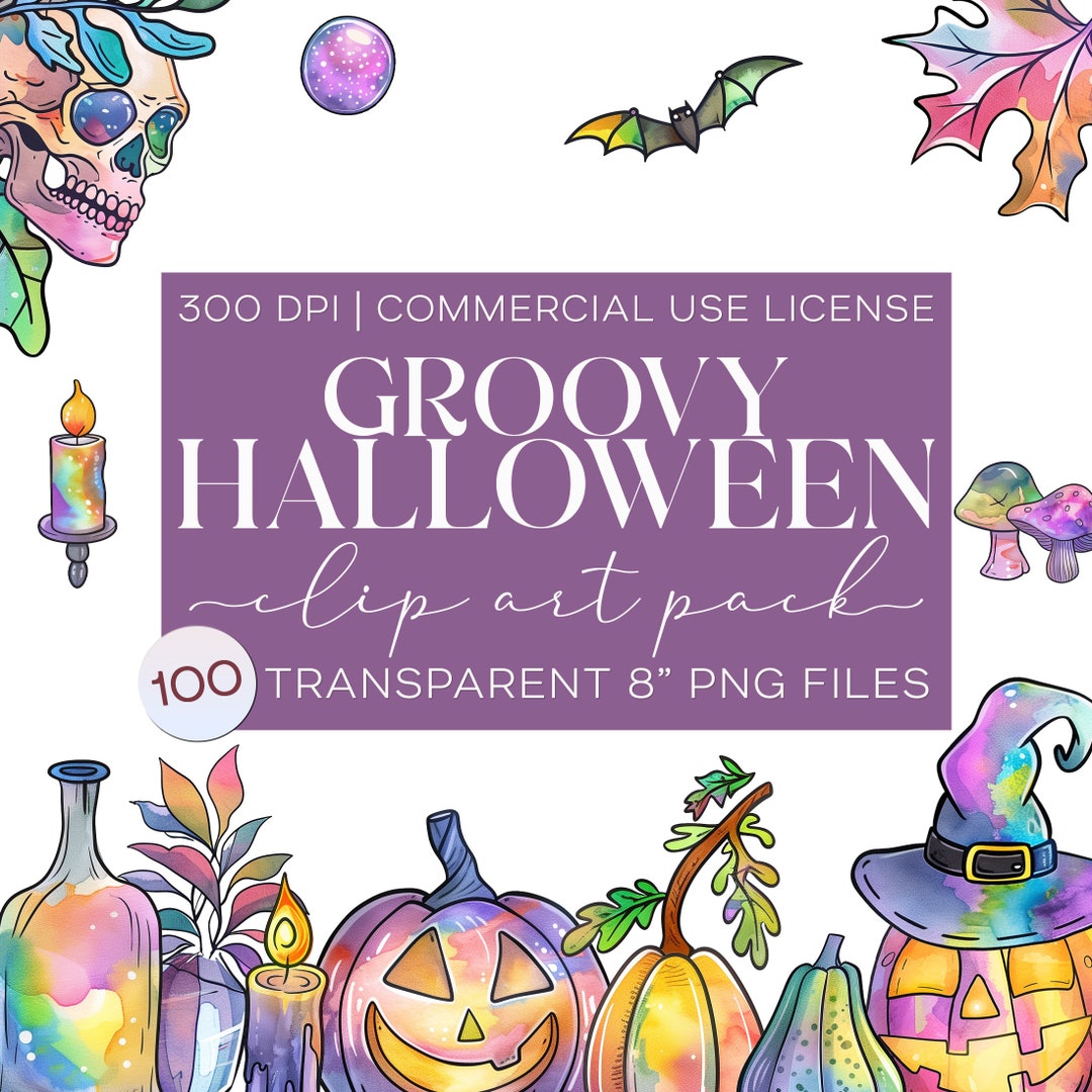 100 Groovy Halloween Watercolor Clipart Files, Beautiful Large Rainbow ...
