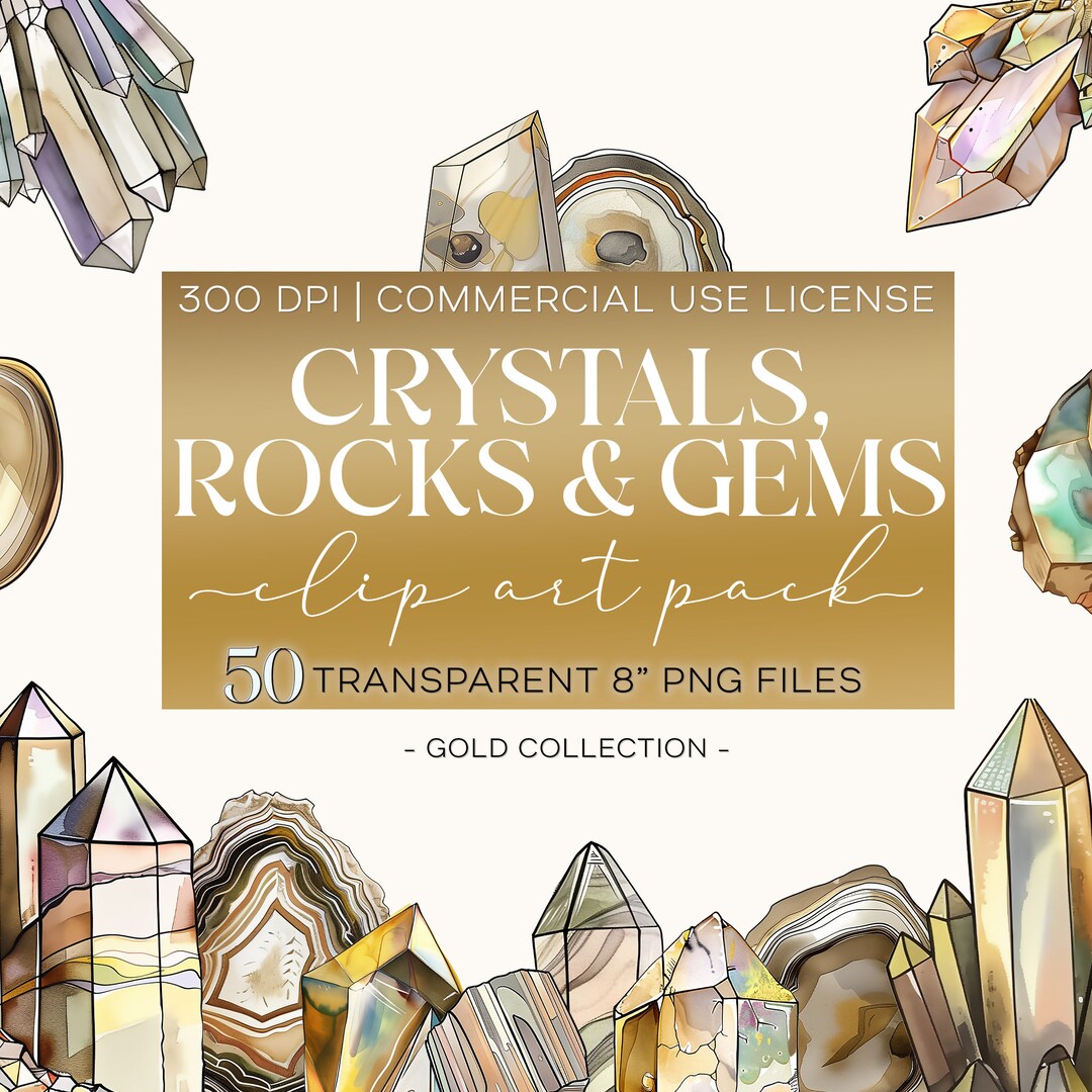 50 Gold Crystal Rock & Gemstone Clipart Bundle of PNG Files, Mystical ...