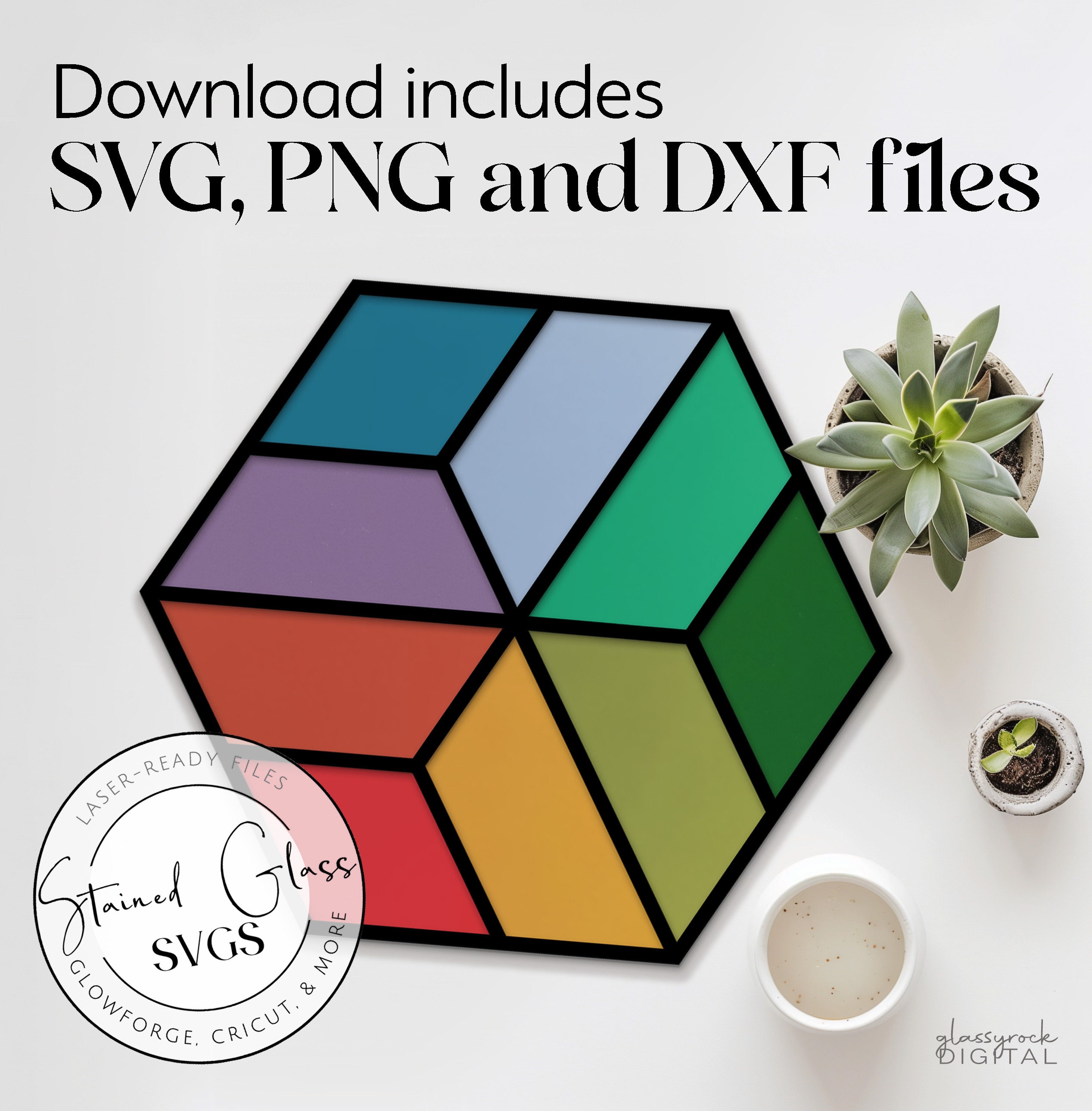 Stained Glass SVG Geometric Hexagon File, PNG, DXF, Laser Cut File for ...