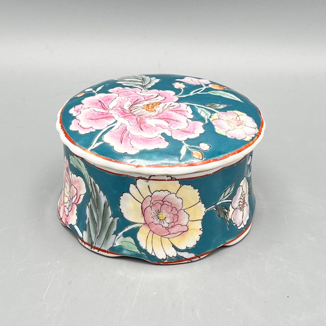 Vintage JC Penny Classic Traditions Teal Floral Trinket Dish With Lid ...