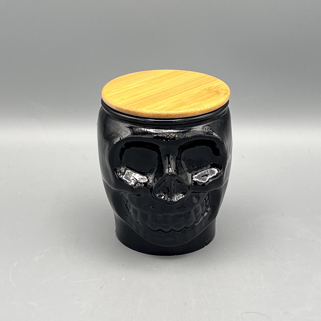 100 % Recycled Black Glass Skull Jar With Bamboo Lid - Made Into Custom ...