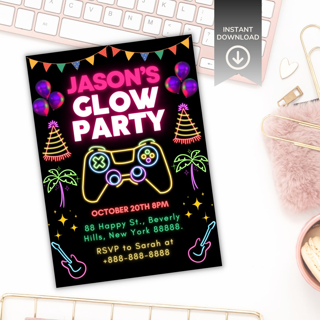 Editable Gaming Birthday Invitation, Gaming Invitation, Glow Invitation ...