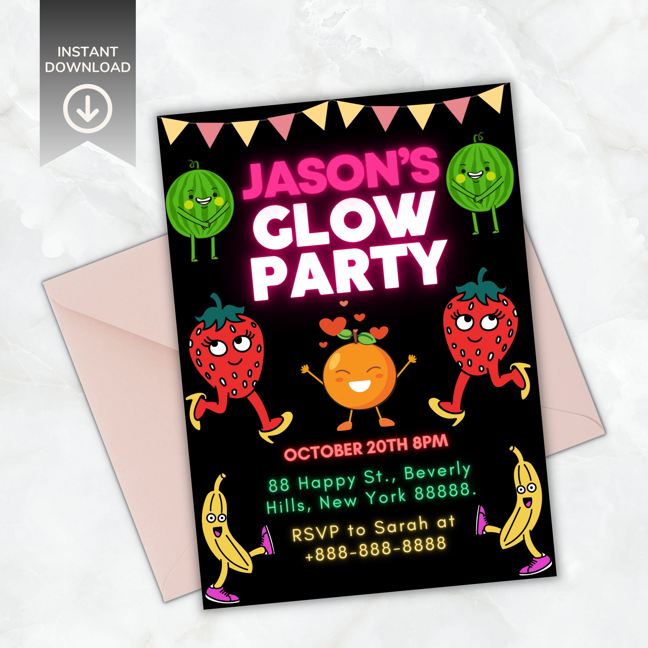 Editable Fruits Birthday Invitation, Fruits Invitation, Glow Invitation ...