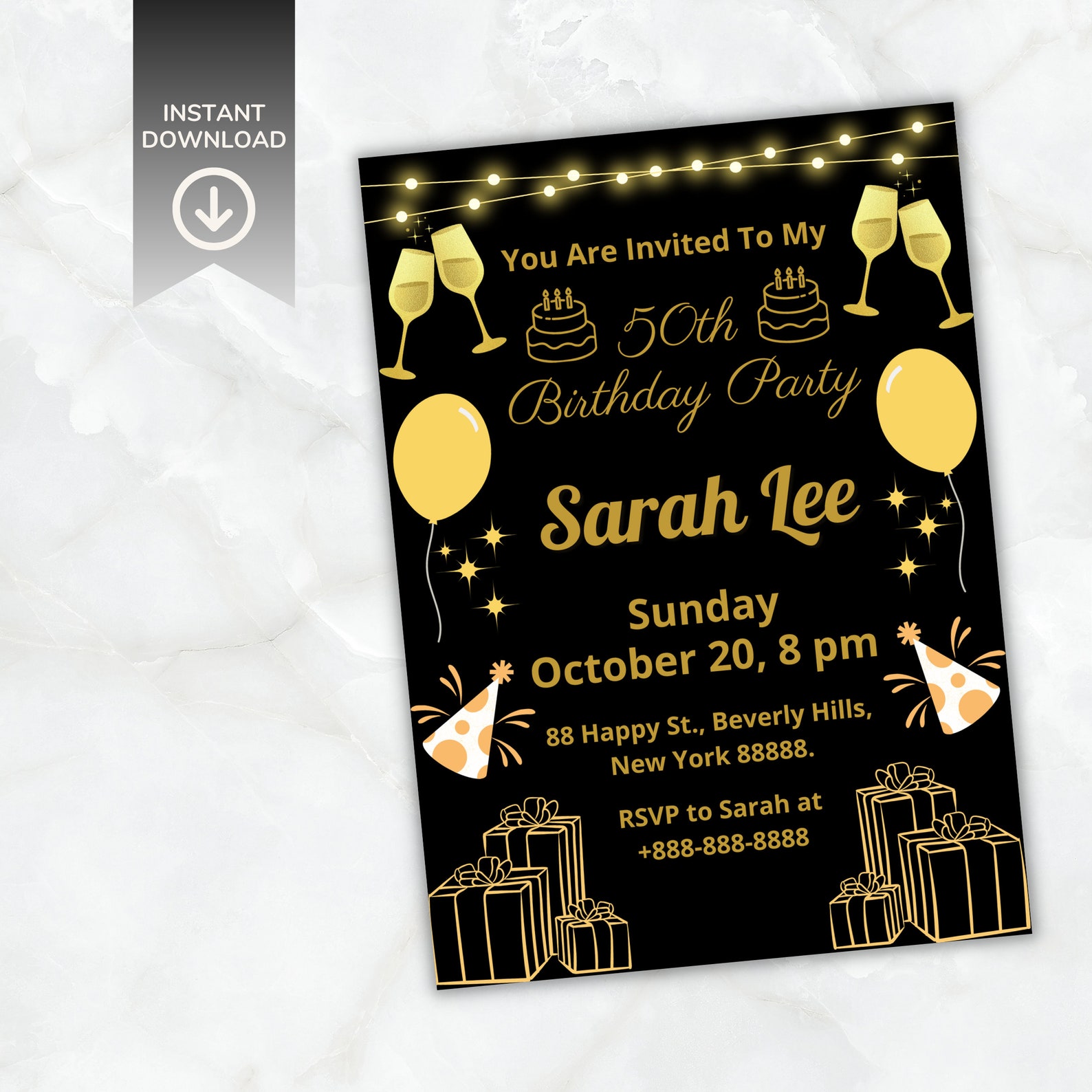 50th Adult Birthday Invitation Template, Black and Gold Modern Birthday ...