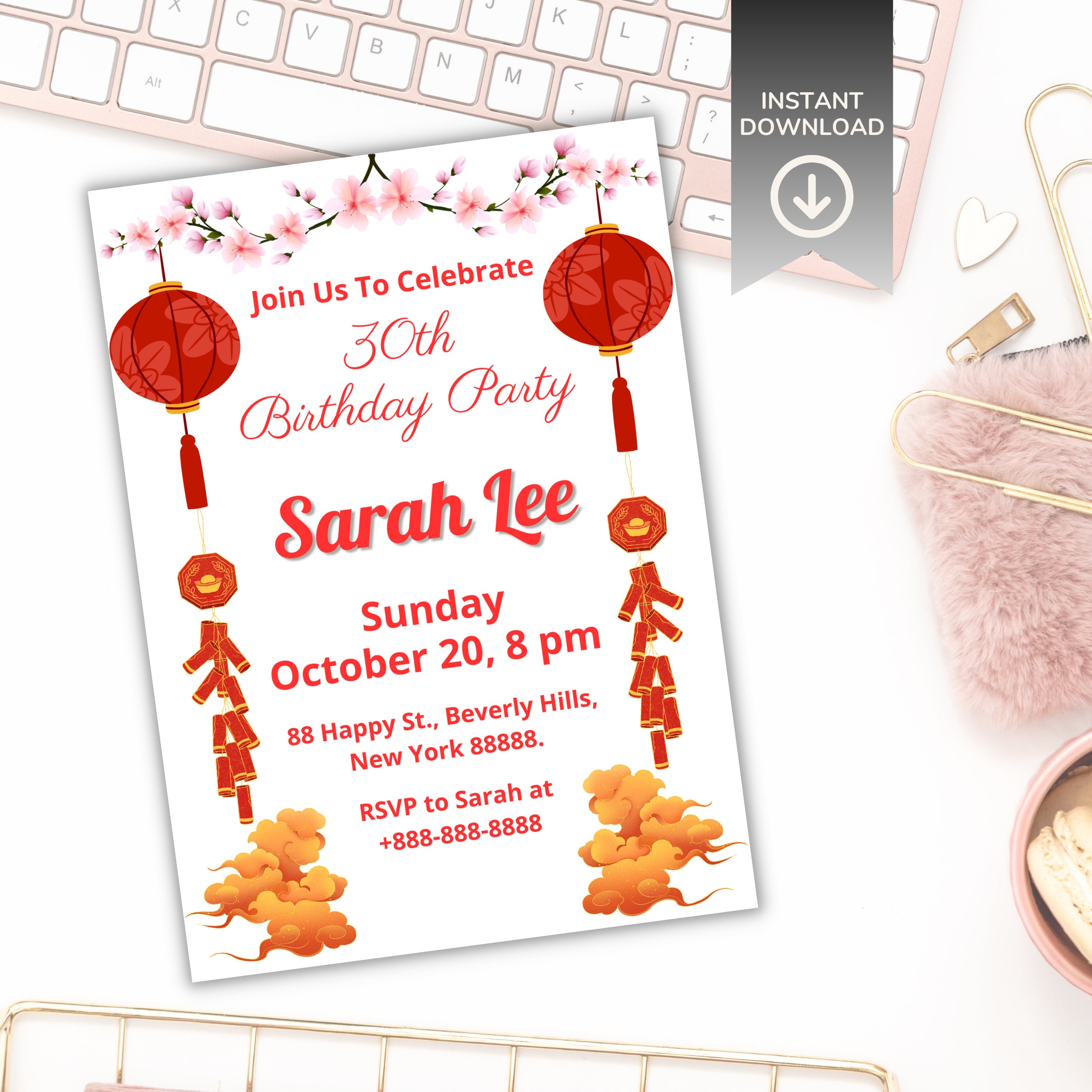 Chinese Birthday Invitation Restaurant Lanterns Blossom Tree, Chinese ...