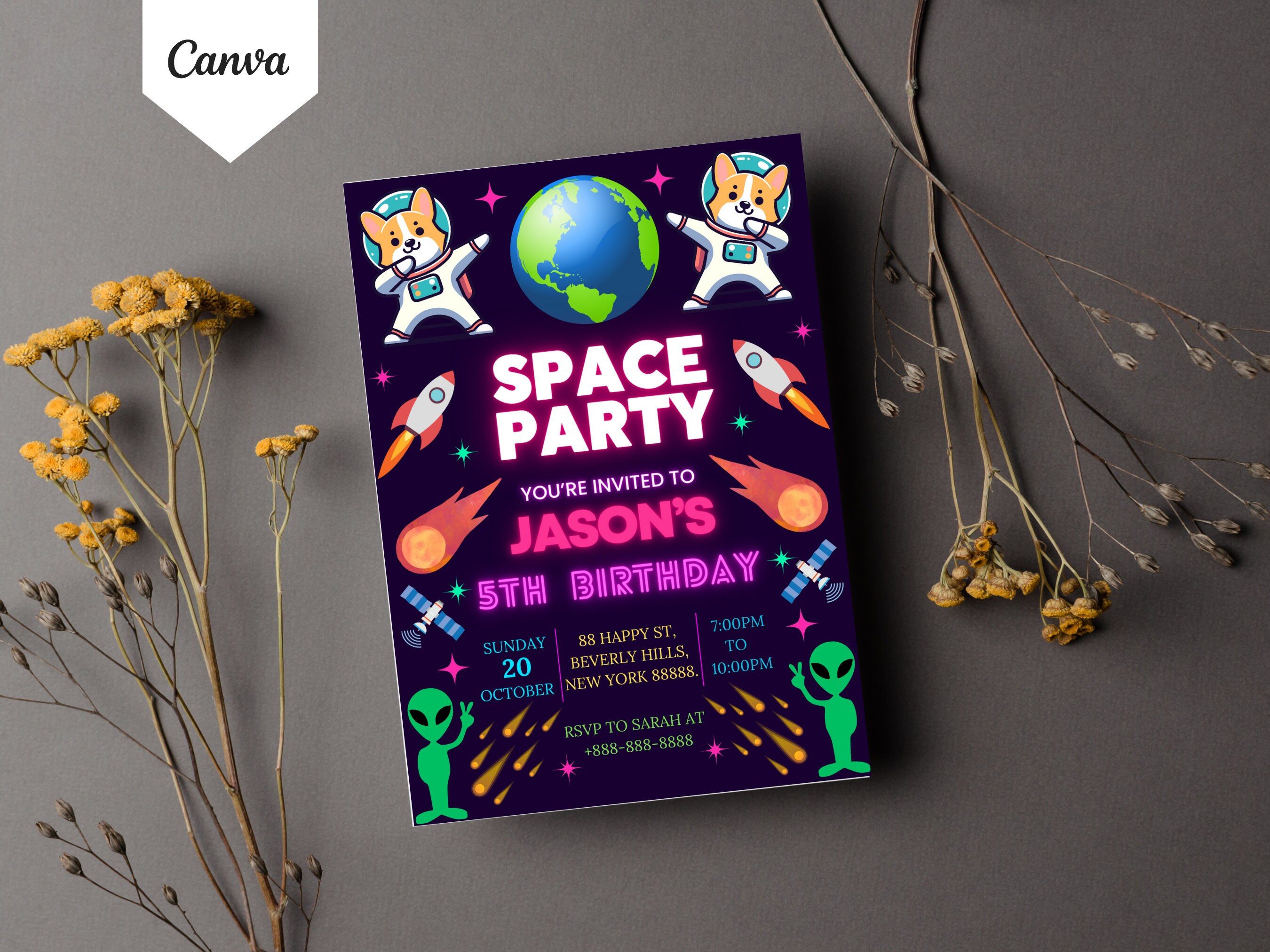 Editable Outer Space Birthday Invitation Template, Planets Rocket Ship ...