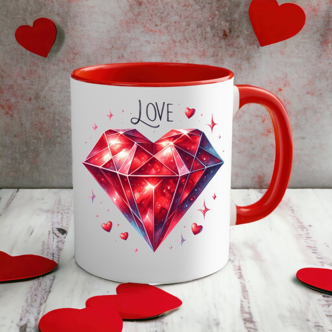 Red Ruby Faceted Love Heart Valentines Day Mug Valentines Day Coffee