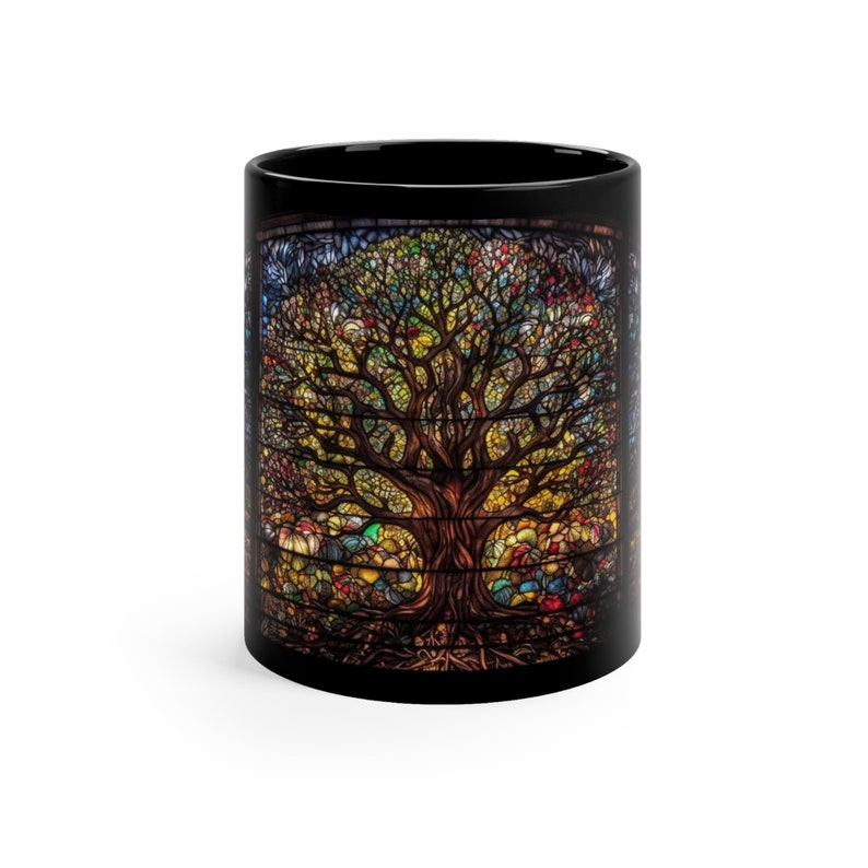 Stained Glass Tree of Life Mug: Sip in Colorful Splendor, Black Mug ...