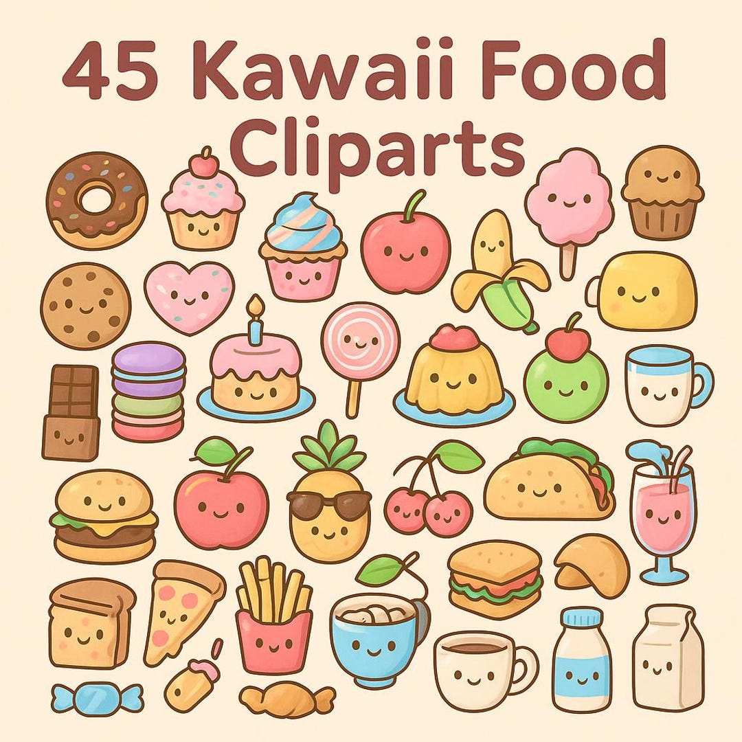 45 Kawaii Food Cliparts | Cute Digital Stickers Pack | Cupcakes, Fruits ...
