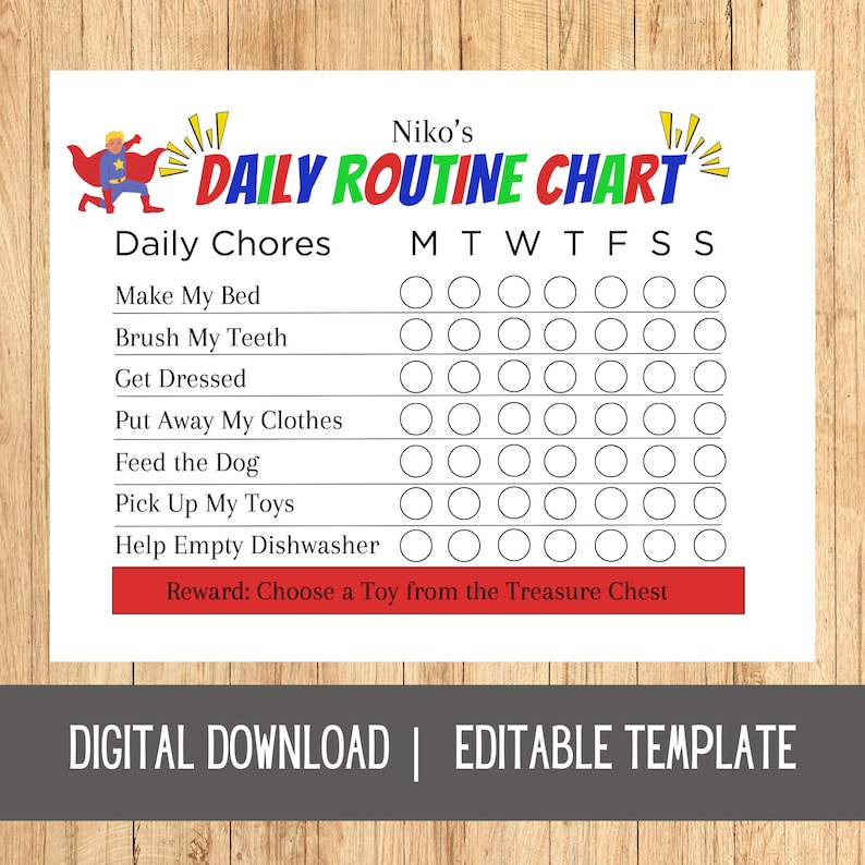 Daily Chore Chart for Kids, Daily Routines Check List, Editable ...