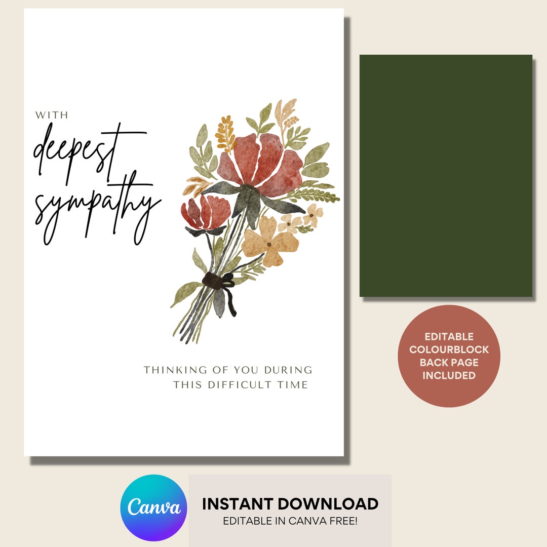 Printable Condolences Card, With Sympathy Card, Floral Sympathy Card ...