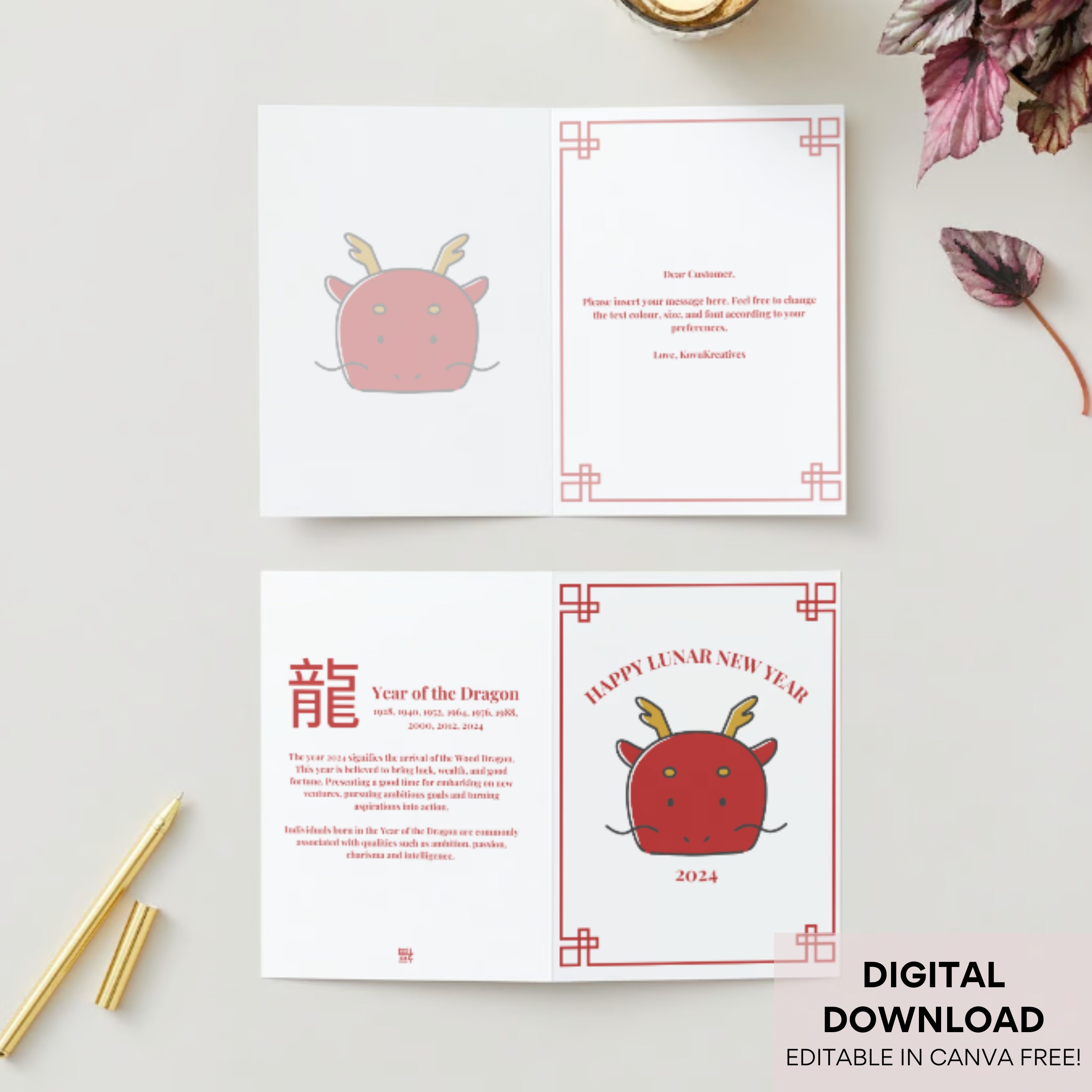 Lunar New Year Card, Year of the Dragon, 2024 Chinese New Year Card ...