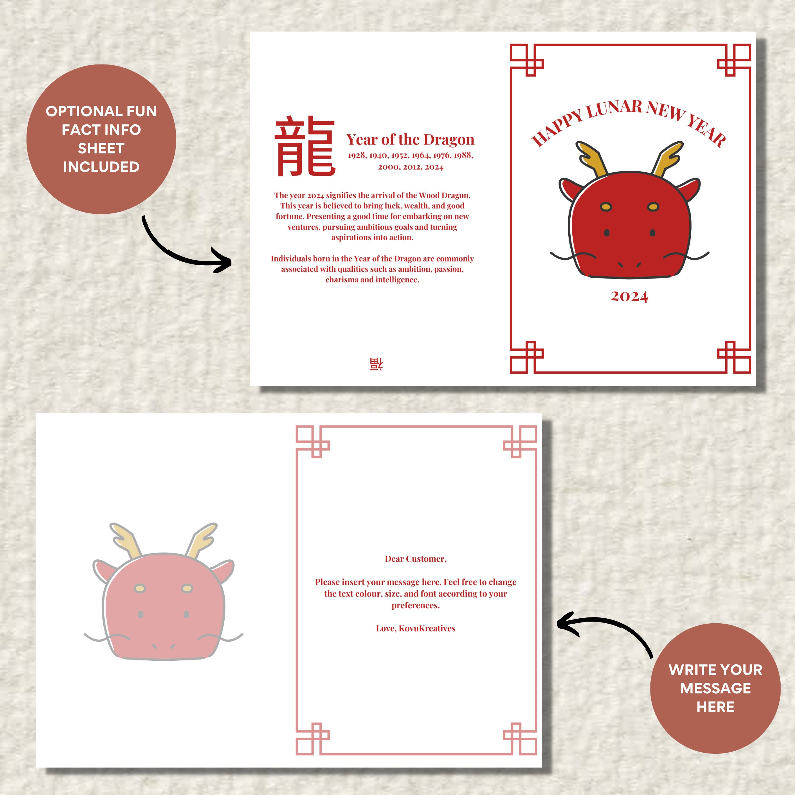 Lunar New Year Card, Year of the Dragon, 2024 Chinese New Year Card ...