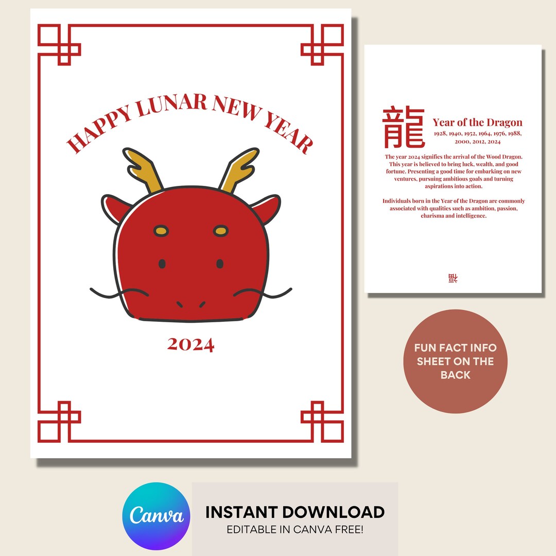 Lunar New Year Card, Year of the Dragon, 2024 Chinese New Year Card ...