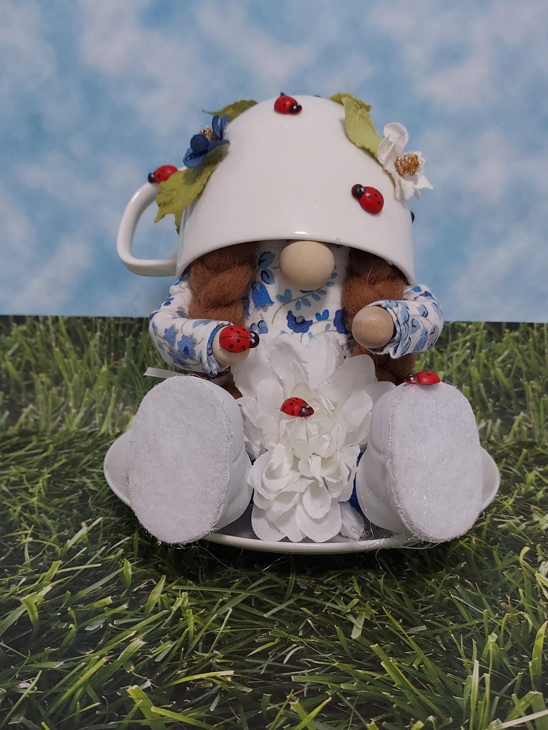 Teacup Gnome in Blue With Lady Bugs, Teacup Gnome, Gnome, Gnome Decor ...