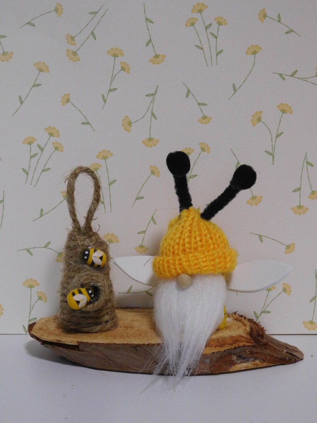 Mini Gnome, Mini Gnome on Wood, Country Gnome, Gnome on Wood Base, Bee ...