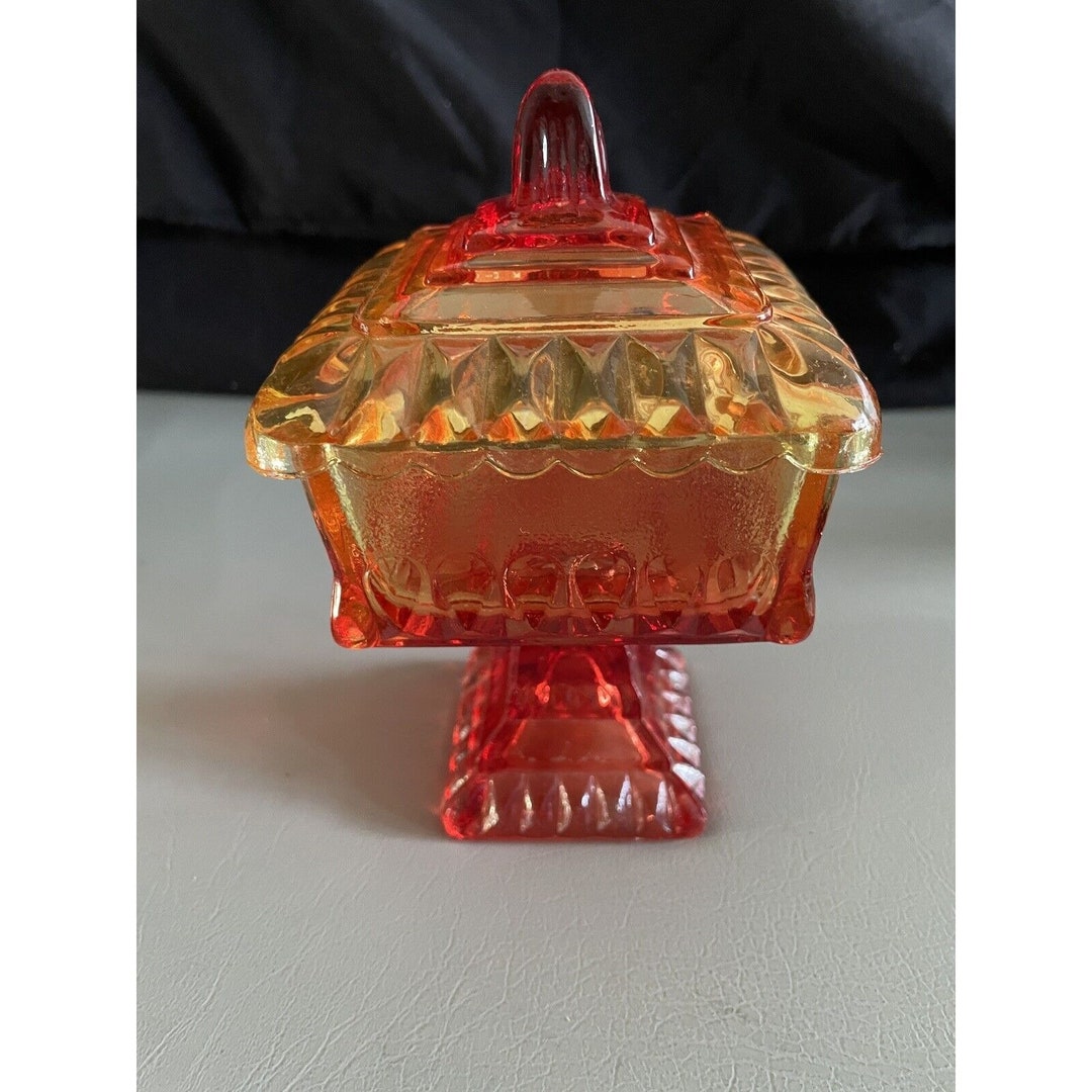 Vtg Jeanette Amberina Glass Candy Dish With Lid Red Yellow Pedestal Jar ...