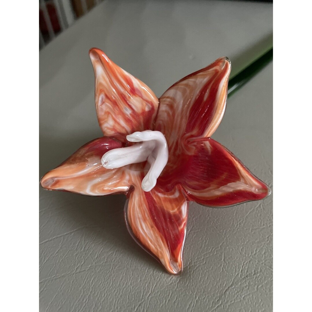 Vtg Hand Blown Art Glass Red & White Lily Flower 5 Stem 12 Broken Long ...