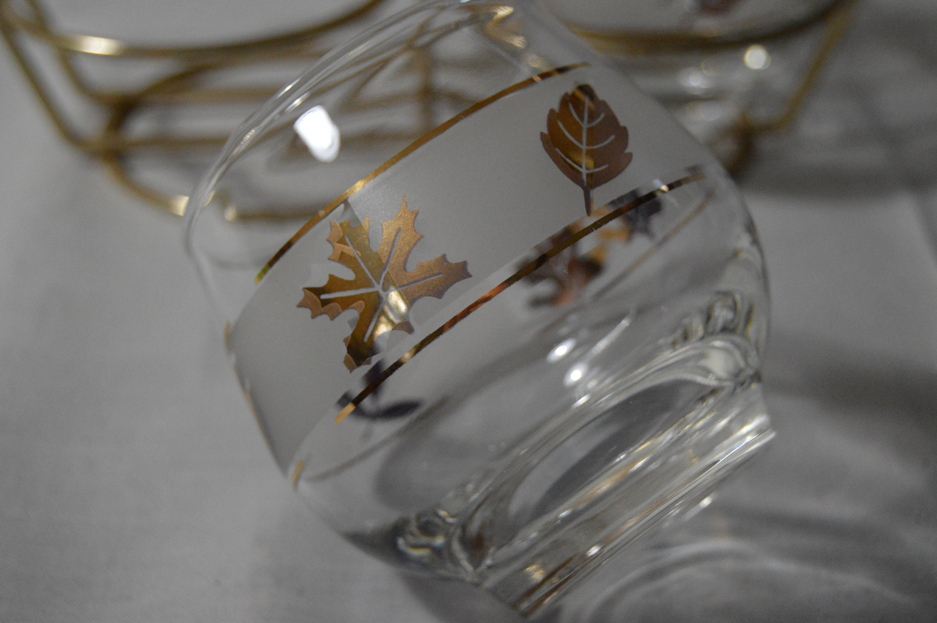 Vtg MCM Libbey Gold Leaf Frosted Glass Sugar & Creamer Set W/caddy Some ...