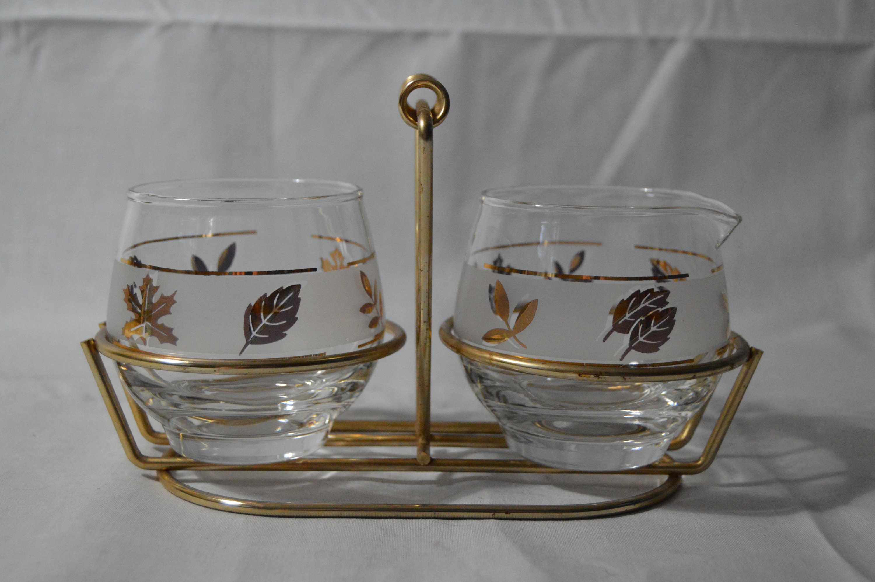 Vtg MCM Libbey Gold Leaf Frosted Glass Sugar & Creamer Set W/caddy Some ...