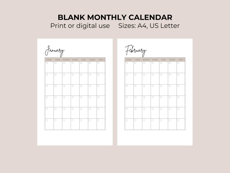 Blank Calendar Monthly, Undated Monthly Calendar A4, US Letter ...