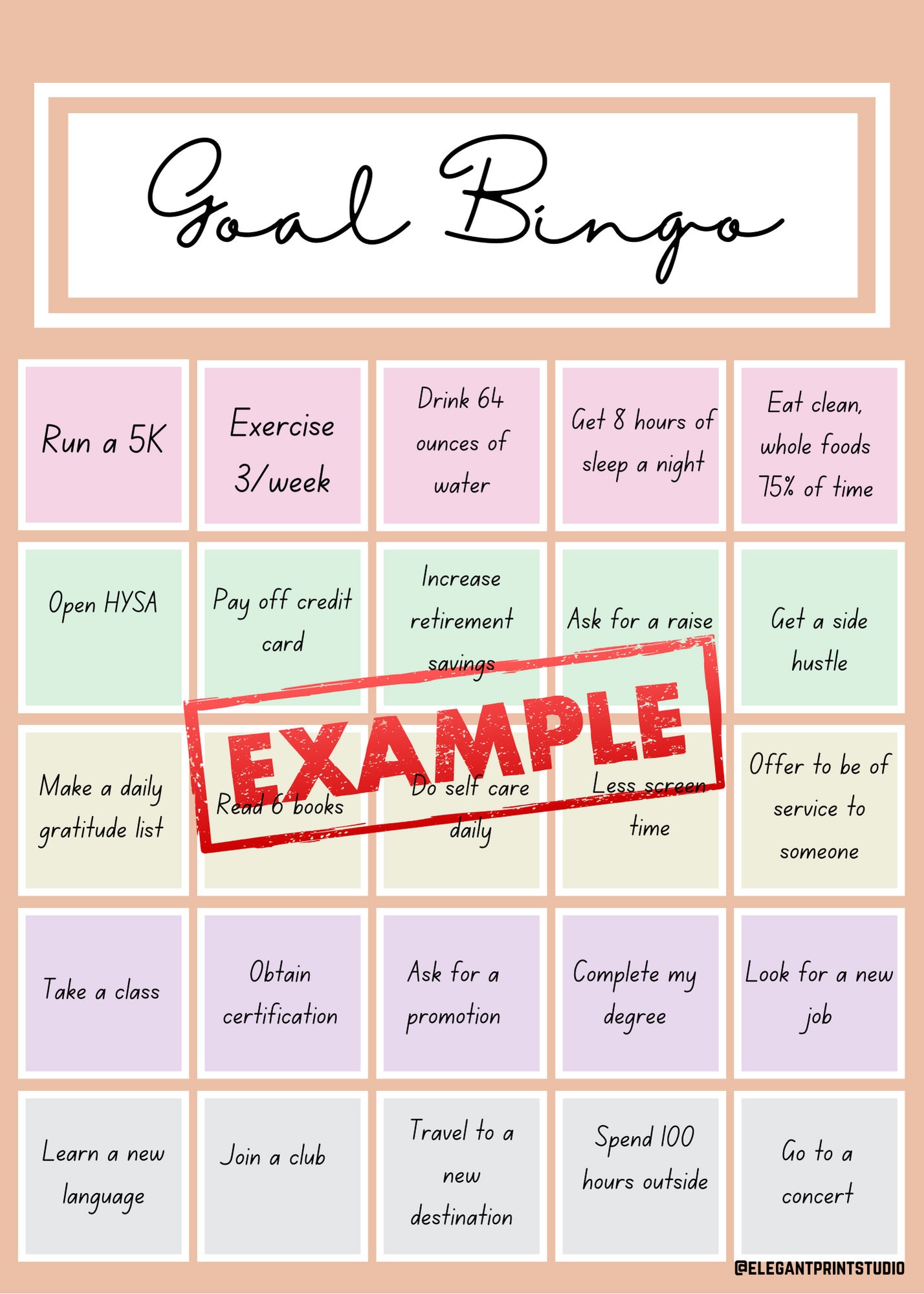 Printable 2024 Goal Bingo Card, Vision Board Card, Elegant Modern ...