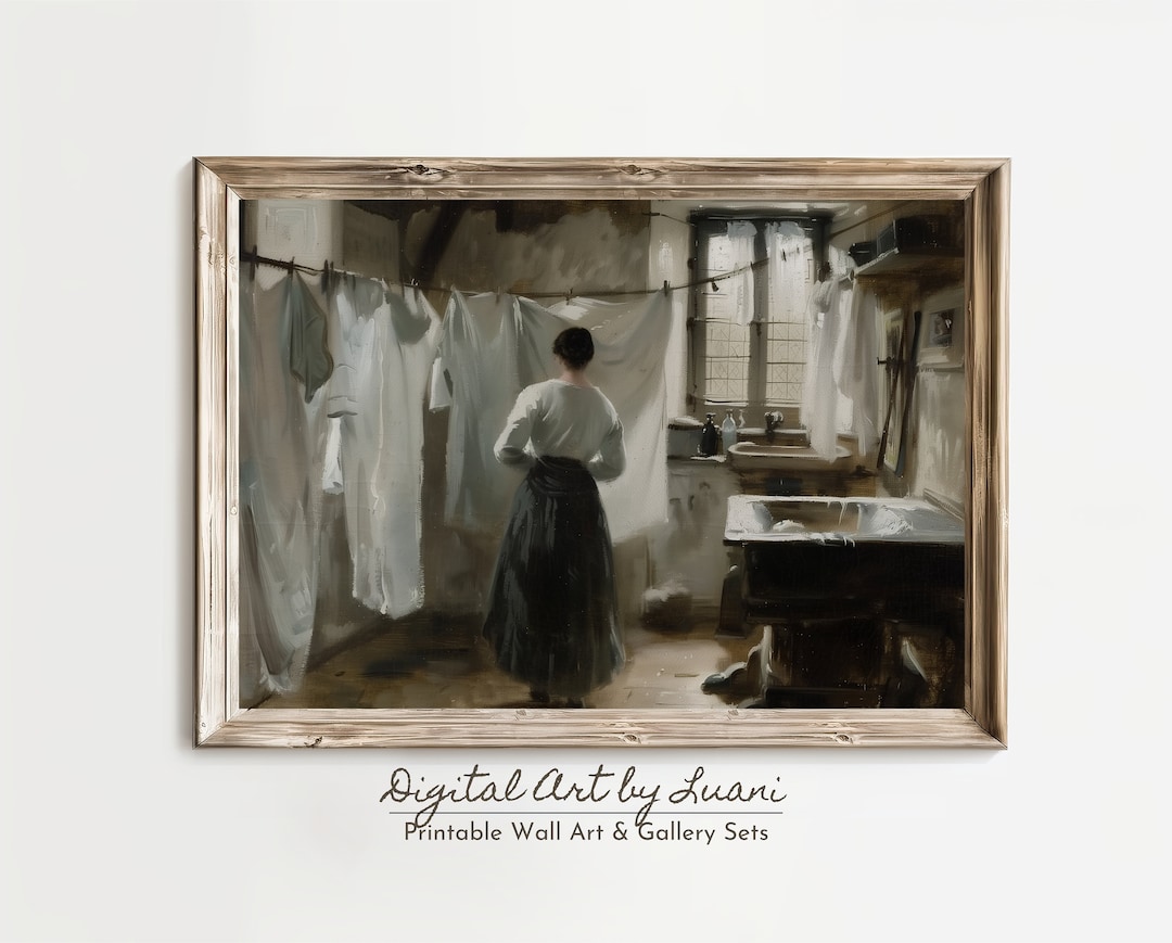 Vintage Laundry Room Art: Farmhouse Washing Line Painting (digital ...