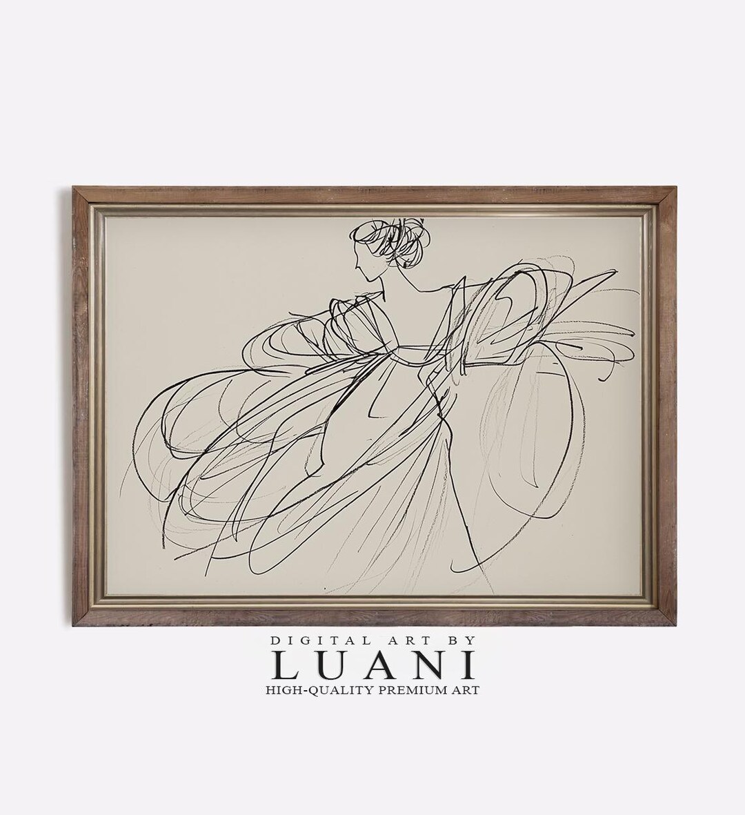 Elegant Woman Sketch Art Print: Voluminous Dress Line Drawing (digital ...