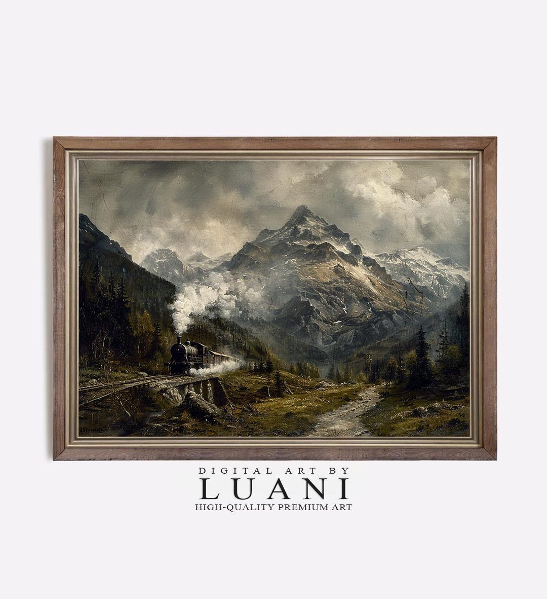 Vintage Steam Train Mountain Scene Printable Art Dark Moody Landscape ...