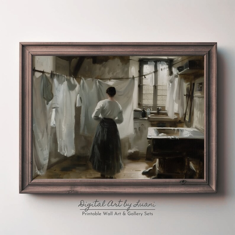 Vintage Laundry Room Art: Farmhouse Washing Line Painting (digital ...