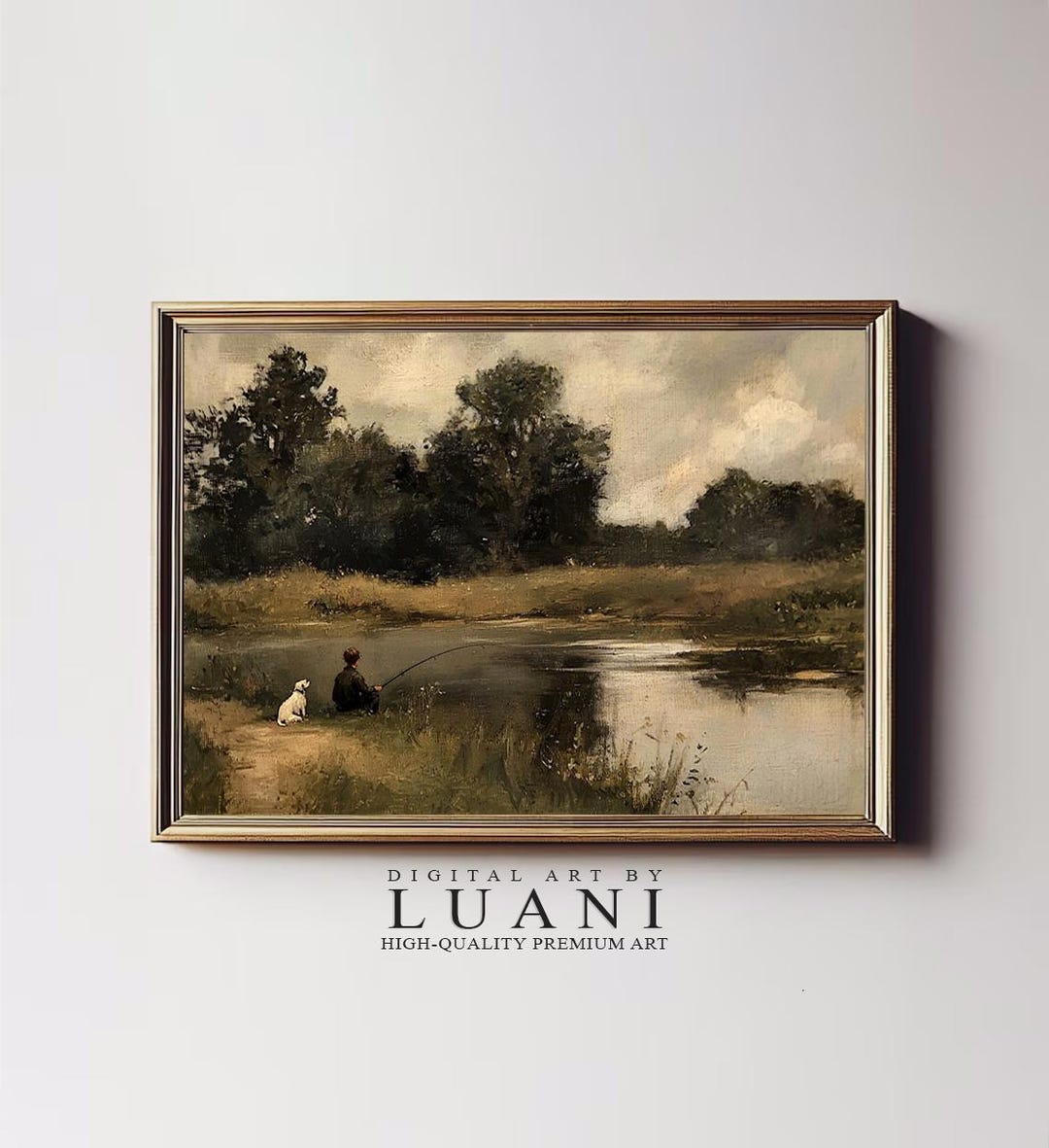 Vintage Boy Fishing With Loyal Dog Art Print | Peaceful Lake Scene ...